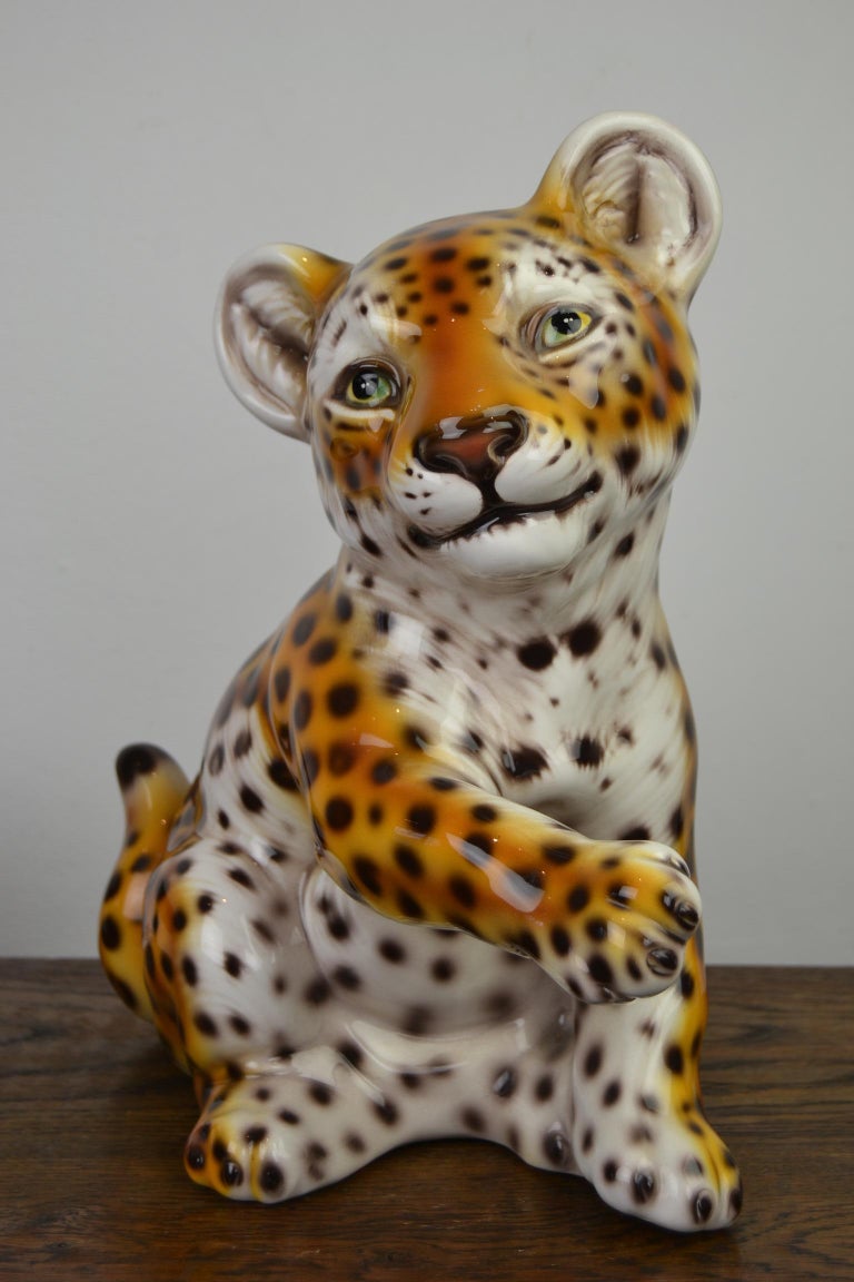 Hand Painted Porcelain Italian Leopard Sculpture , 1970s at 1stDibs