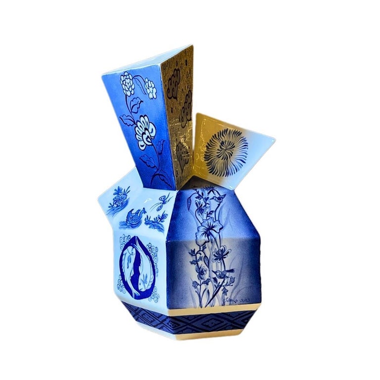 Hand Painted Porcelain Tulip Vase with Chinese Patterns For Sale at 1stDibs