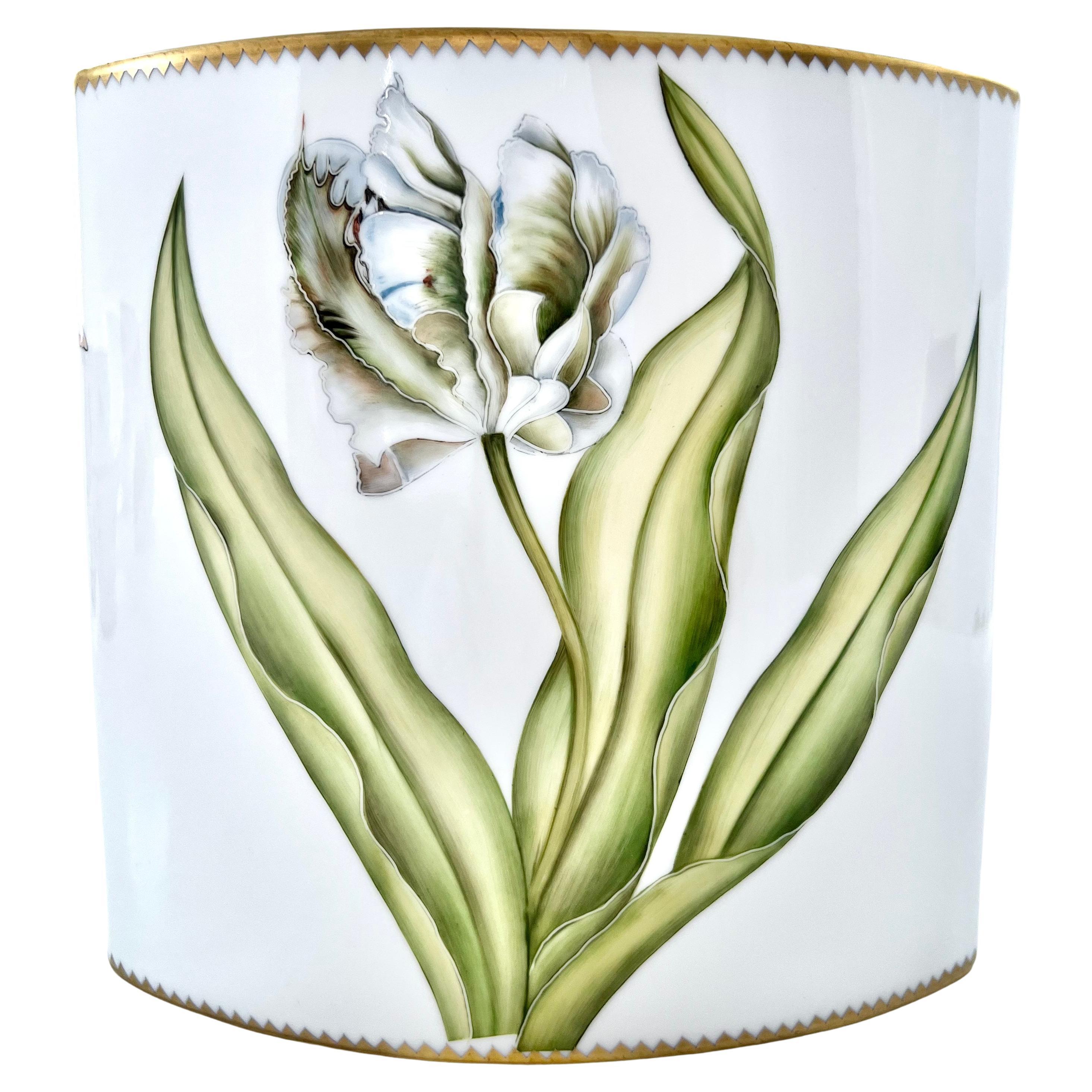 Hand-Painted Center Design Dark Green Gold Accents Vase For Sale at 1stDibs