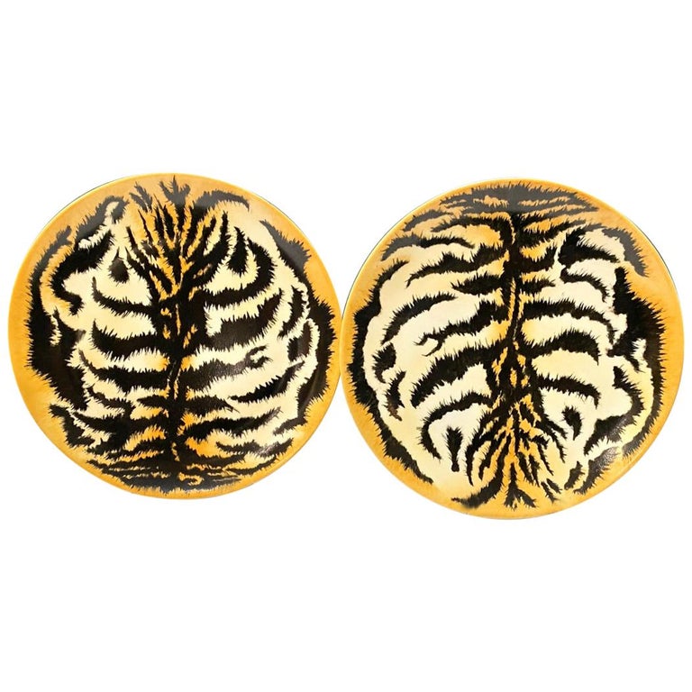 Hand Painted Tiger Plates, Set of 9 at 1stDibs