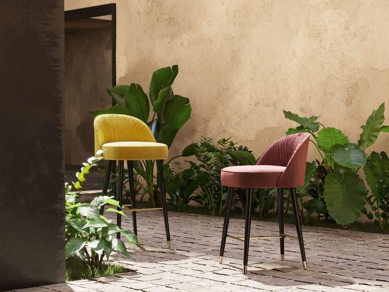 Hand Pleated Velvet Barstools, Set of 3 For Sale at 1stDibs