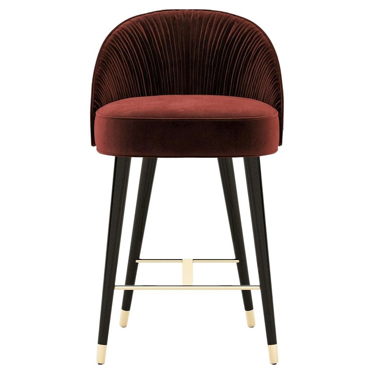 Hand Pleated Velvet Counter or Bar Stool with Wood Legs For Sale at 1stDibs