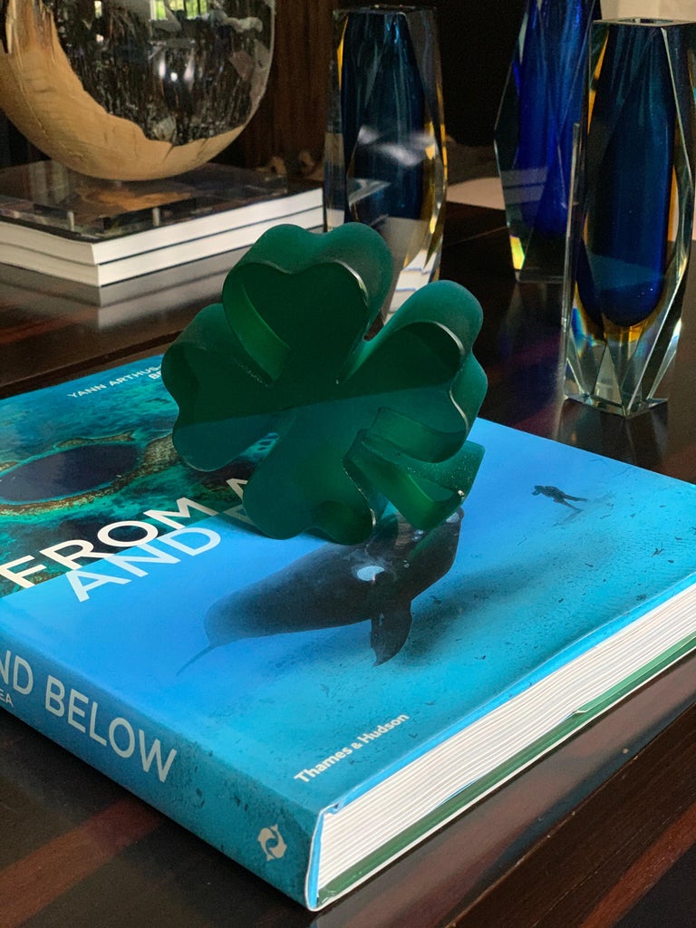 Hand-Sculpted Pate-de-verre Glass Four-Petal Clover in Emerald Green ...