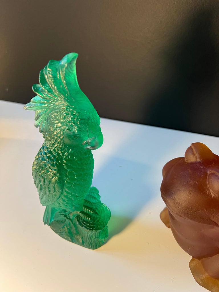Hand-Sculpted Pate-de-Verre Glass Parrot Sculpture in Emerald Green For ...