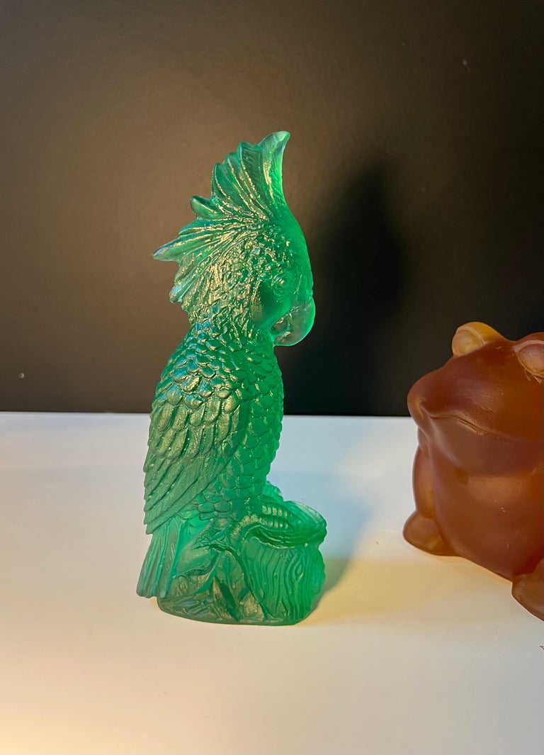 Hand-Sculpted Pate-de-Verre Glass Parrot Sculpture in Emerald Green For ...