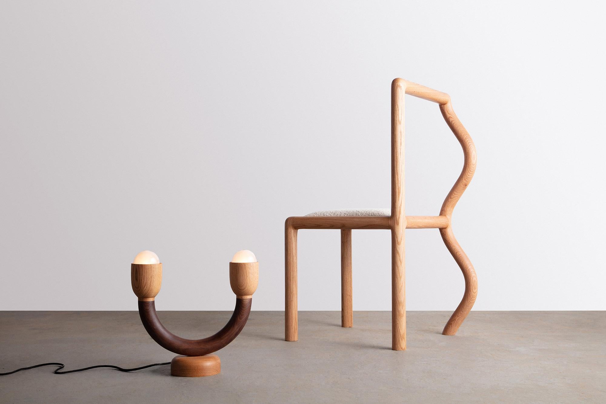 Hand-Sculpted Squiggle Dining or Side Chair in Red Oak and Bouclé ...