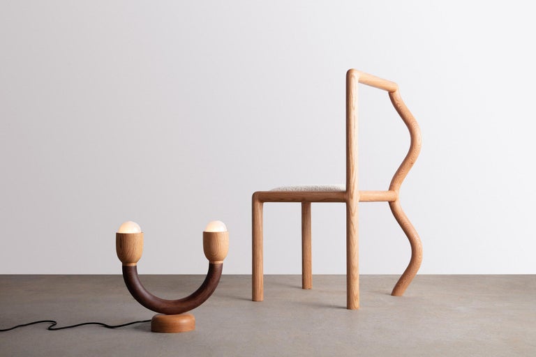 Hand-Sculpted Squiggle Dining or Side Chair in Red Oak and Bouclé ...