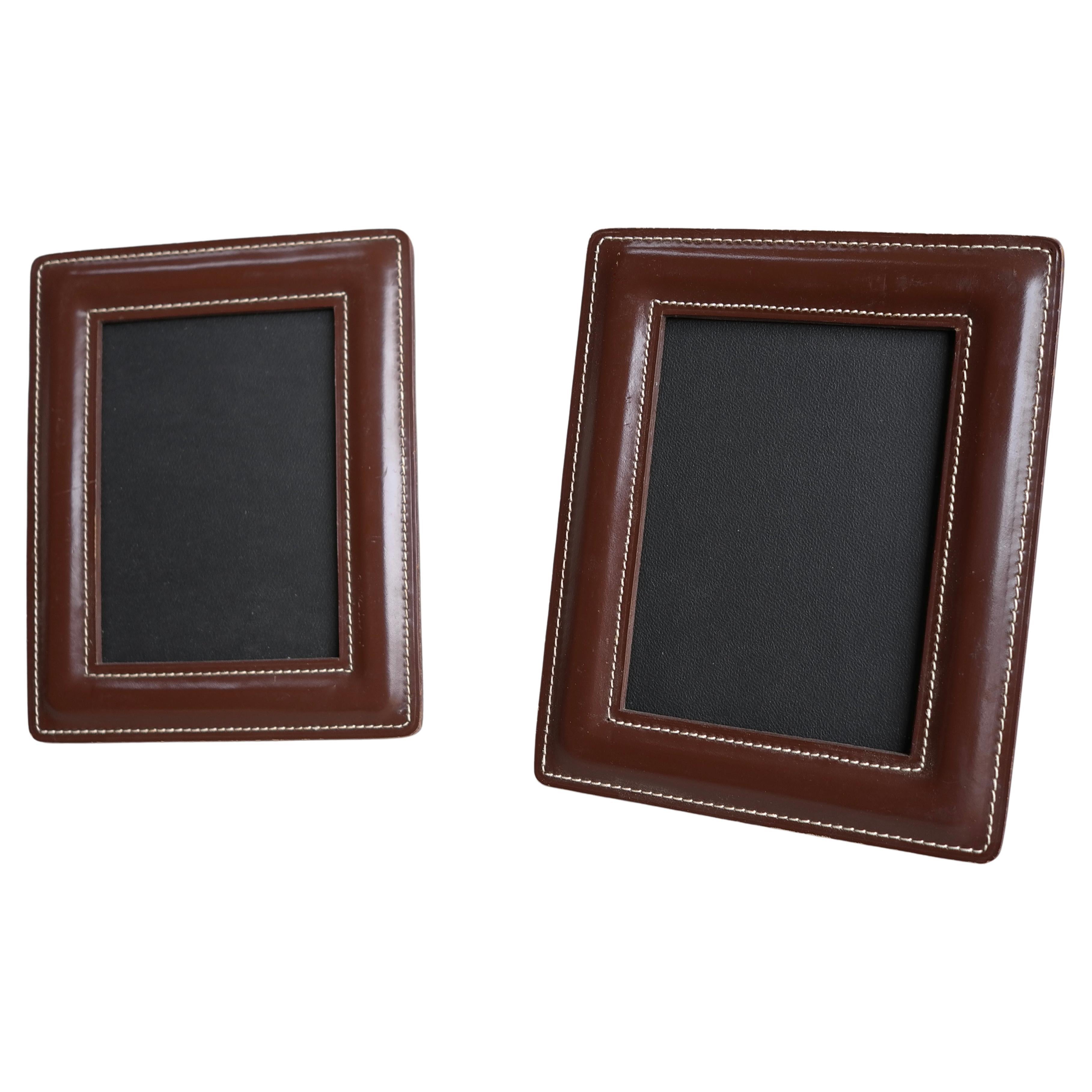 Hand-Stitched Brown Leather Picture Frames in Style of Jacques Adnet 1950's For Sale at 1stDibs