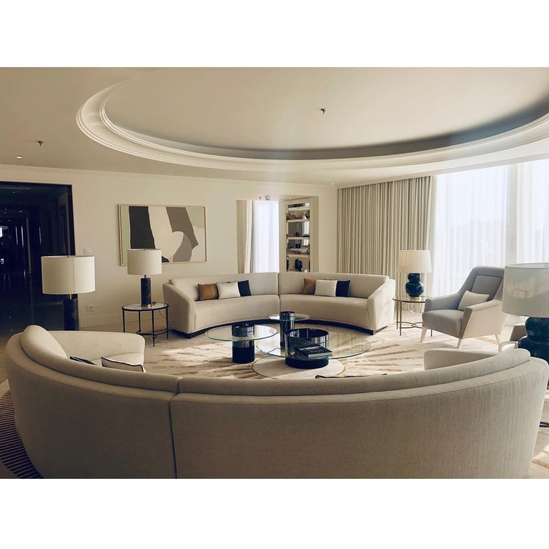 Hand Tailored Curved Sofa in Stylish Brushed Brass Plate Footer For ...