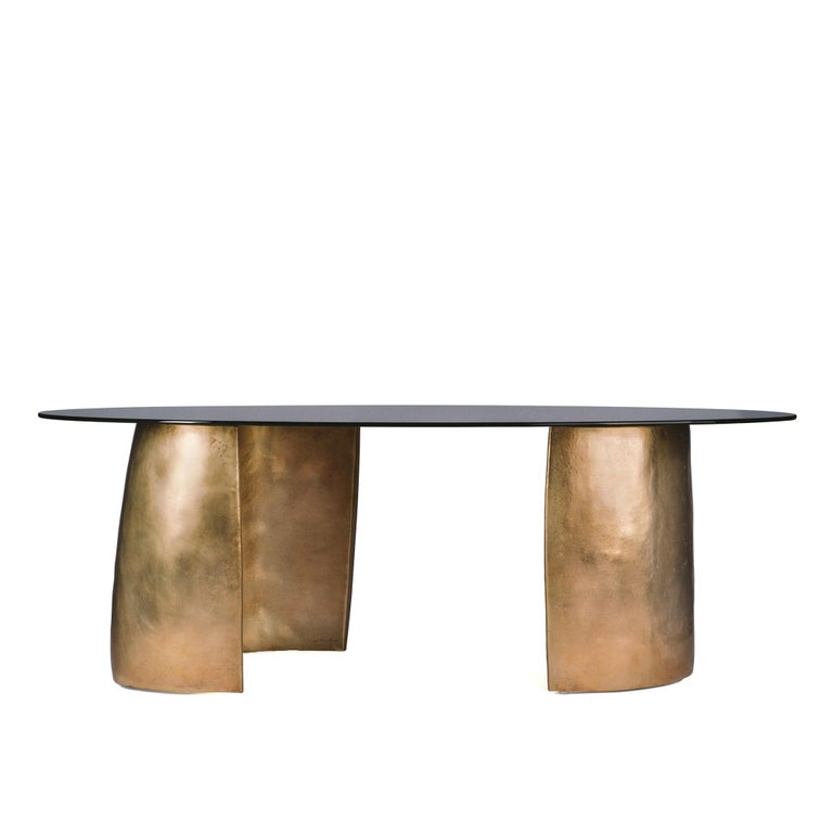 Hand Textured Bronze Casted Sculptural Table Base with Tinted Glass Top ...