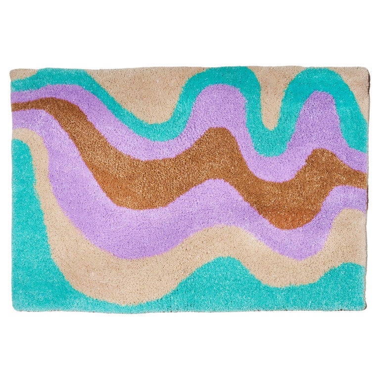 Hand Tufted Lavender, White, Teal, Brown Wavy Rug For Sale at 1stDibs