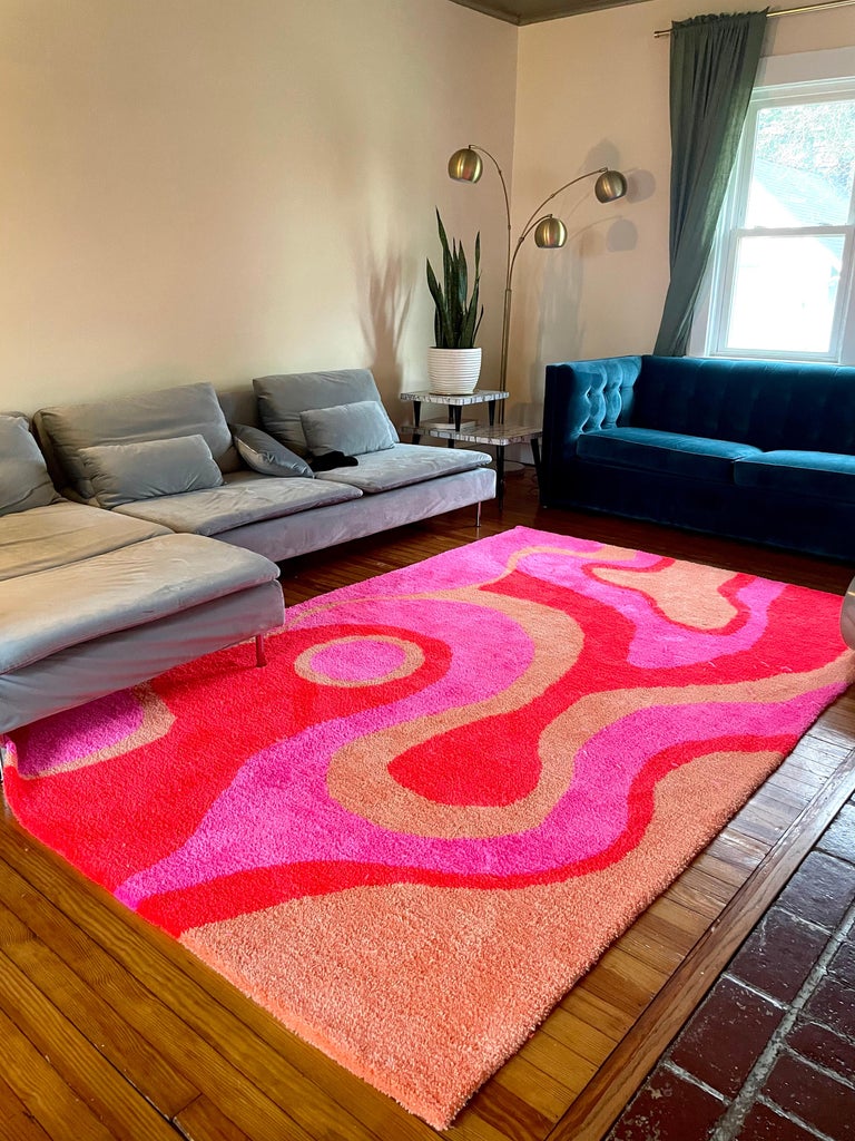 Hand Tufted Psychedelic Pink, Red, and Orange Abstract Swirl Area Rug ...