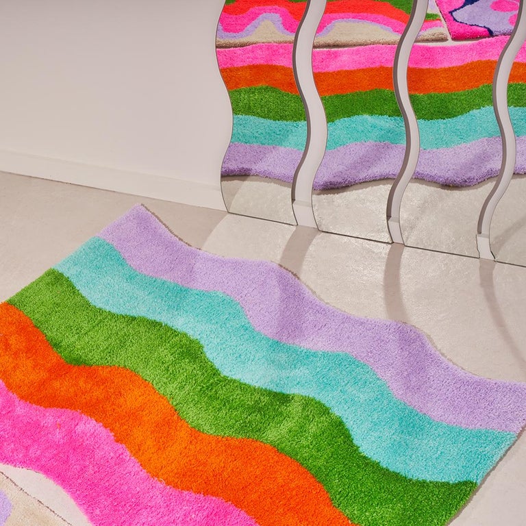Hand Tufted Wavy Striped Rainbow Rug For Sale at 1stDibs