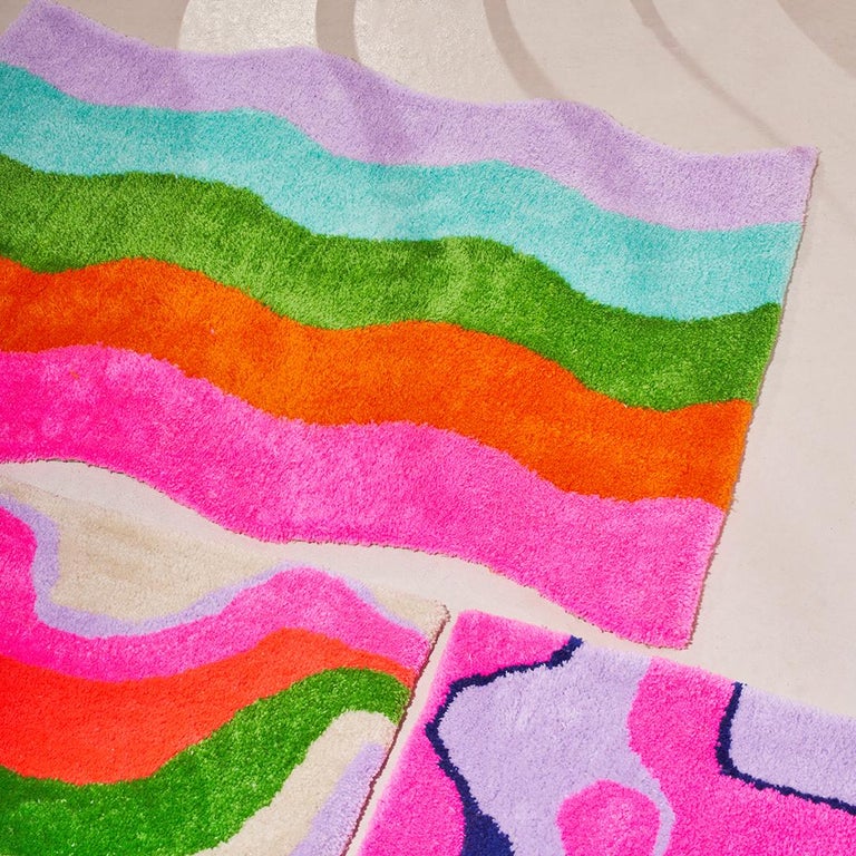 Hand Tufted Wavy Striped Rainbow Rug For Sale at 1stDibs