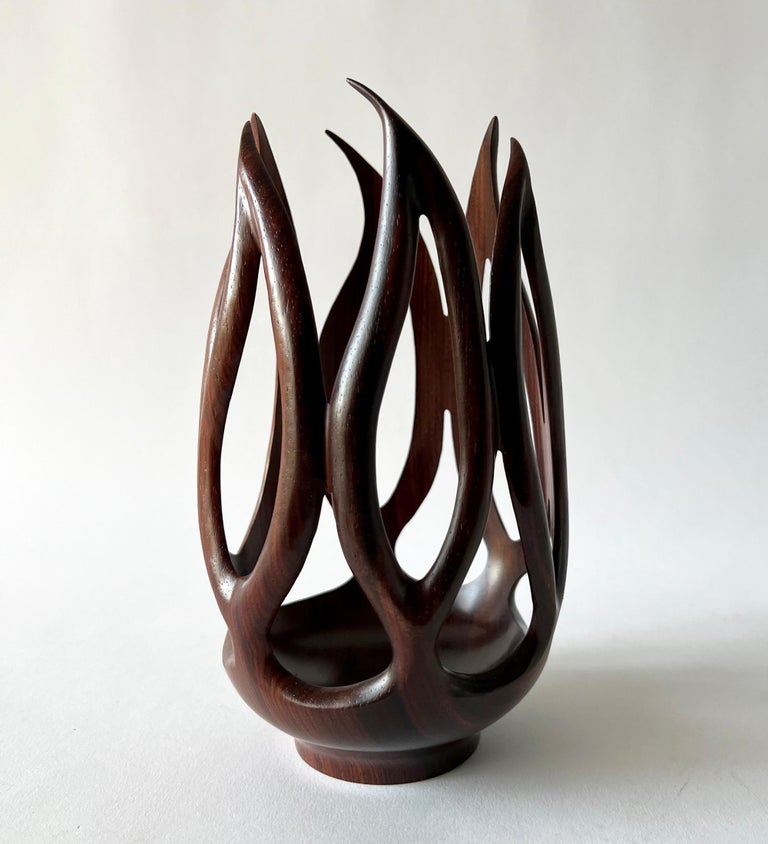Hand Turned Carved Rosewood Decorative Flame Vase For Sale at 1stDibs