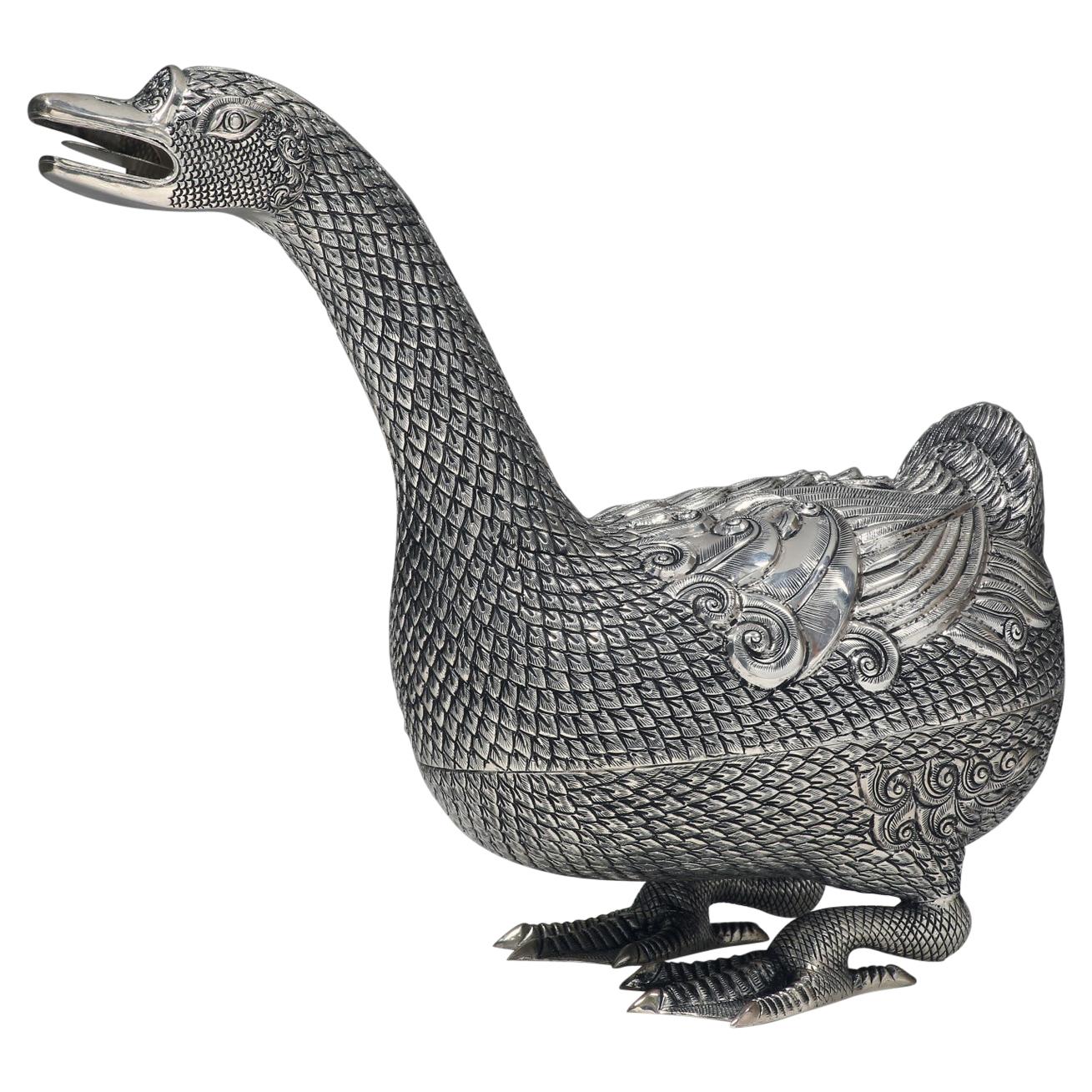 Hand-Worked Contemporary Solid Silver Goose Box For Sale at 1stDibs