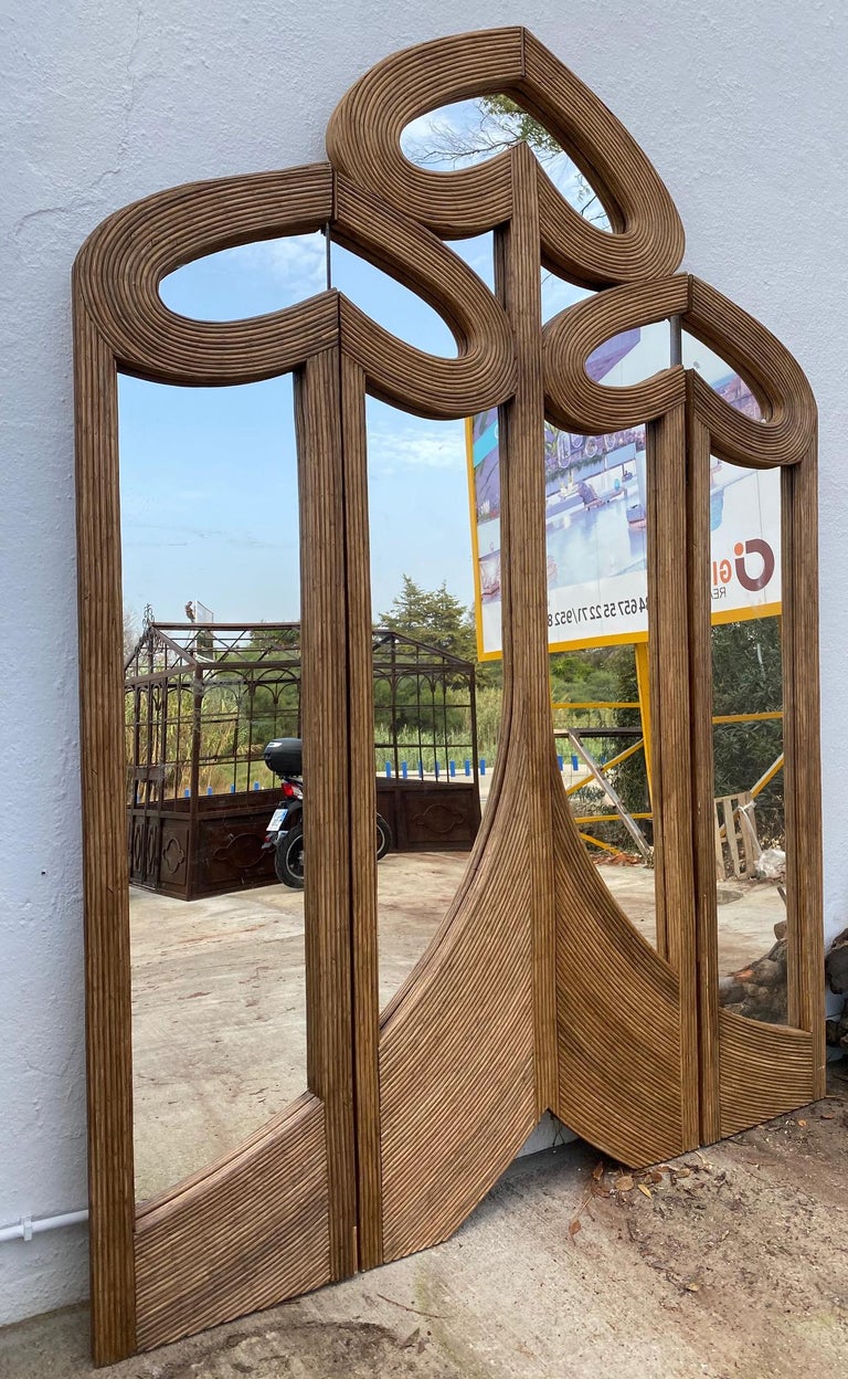 Hand Woven Lace Wicker Folding Screen with Mirrors For Sale at 1stDibs