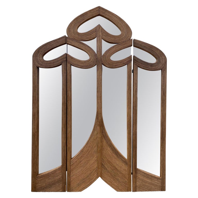 Hand Woven Lace Wicker Folding Screen with Mirrors For Sale at 1stDibs