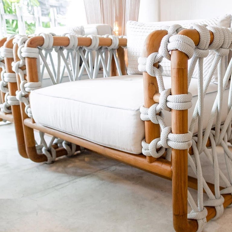 Hand-Woven Rope Outdoor Lounge Chair In Solid Teak For Sale at 1stDibs