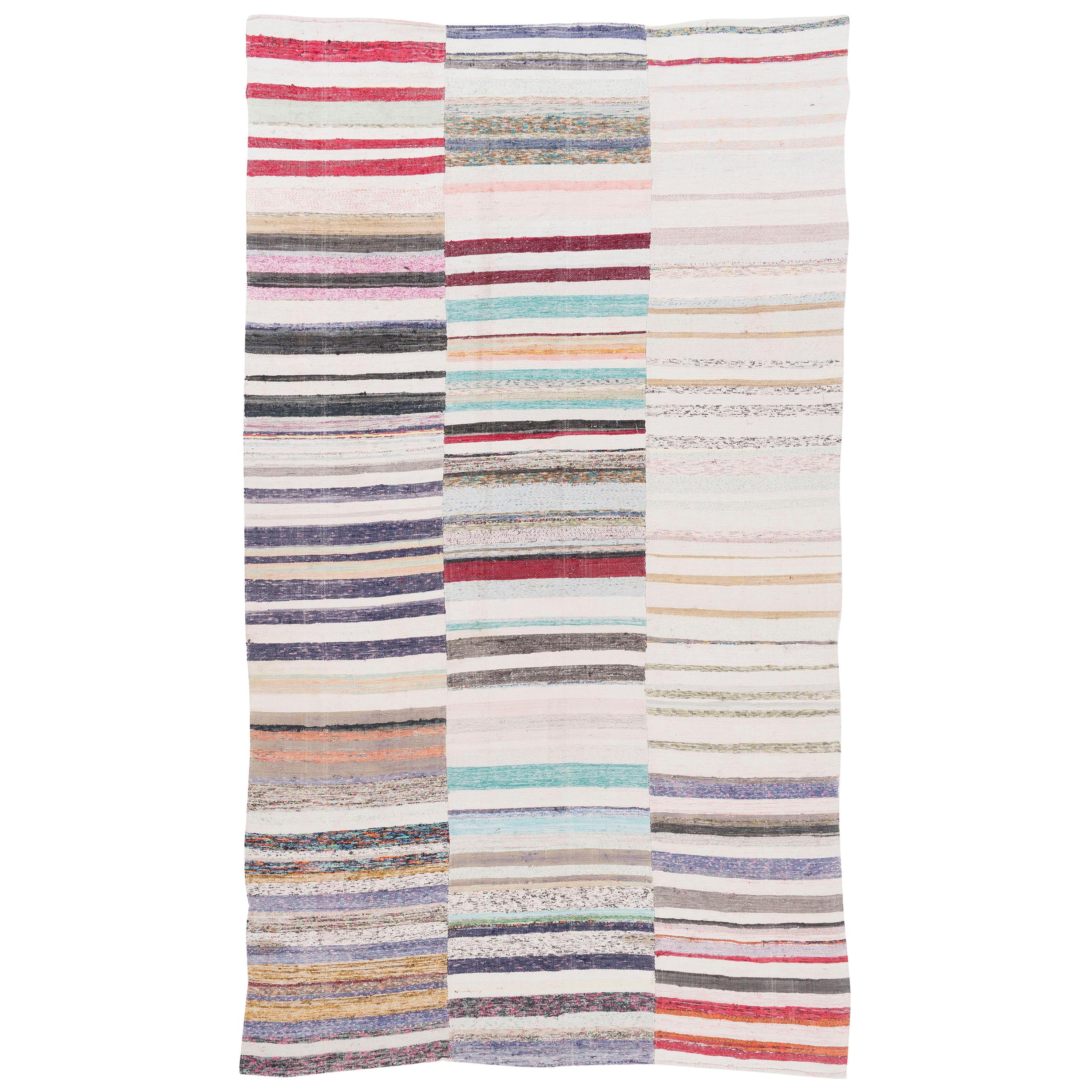 Vintage Cotton Striped Kilim. Handmade Turkish Rag Rug. Flat-Weave For ...