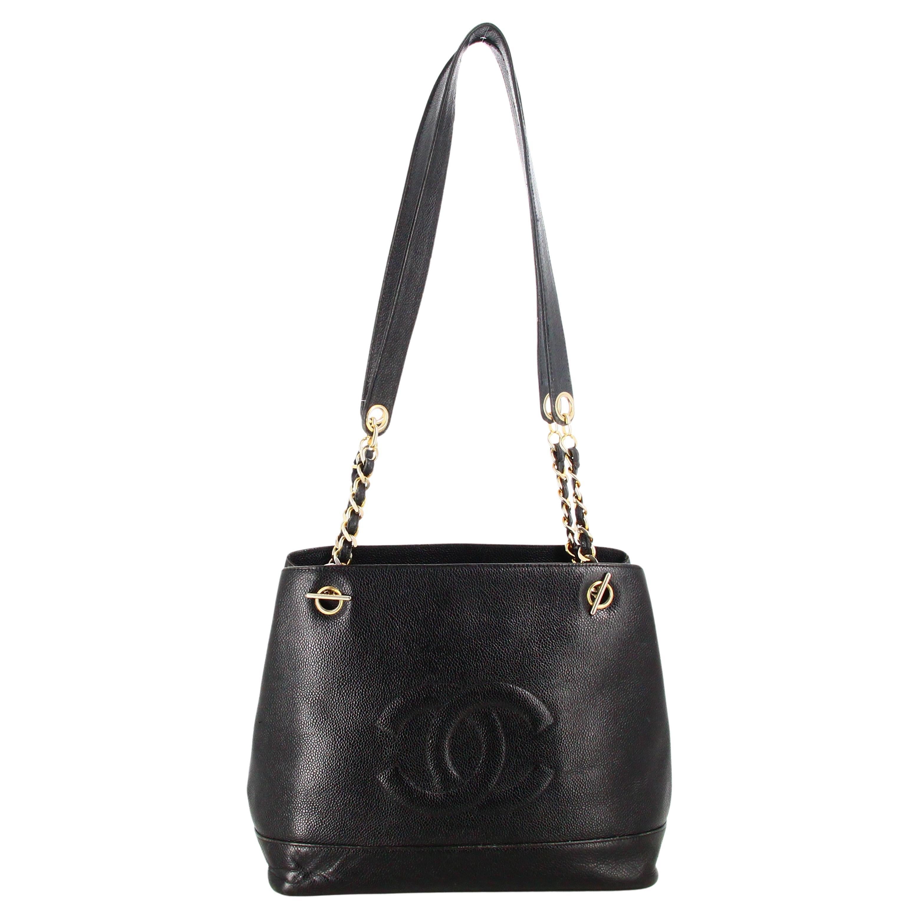 Handbag Chanel Leather Caviar Black Logo Double C For Sale at 1stDibs