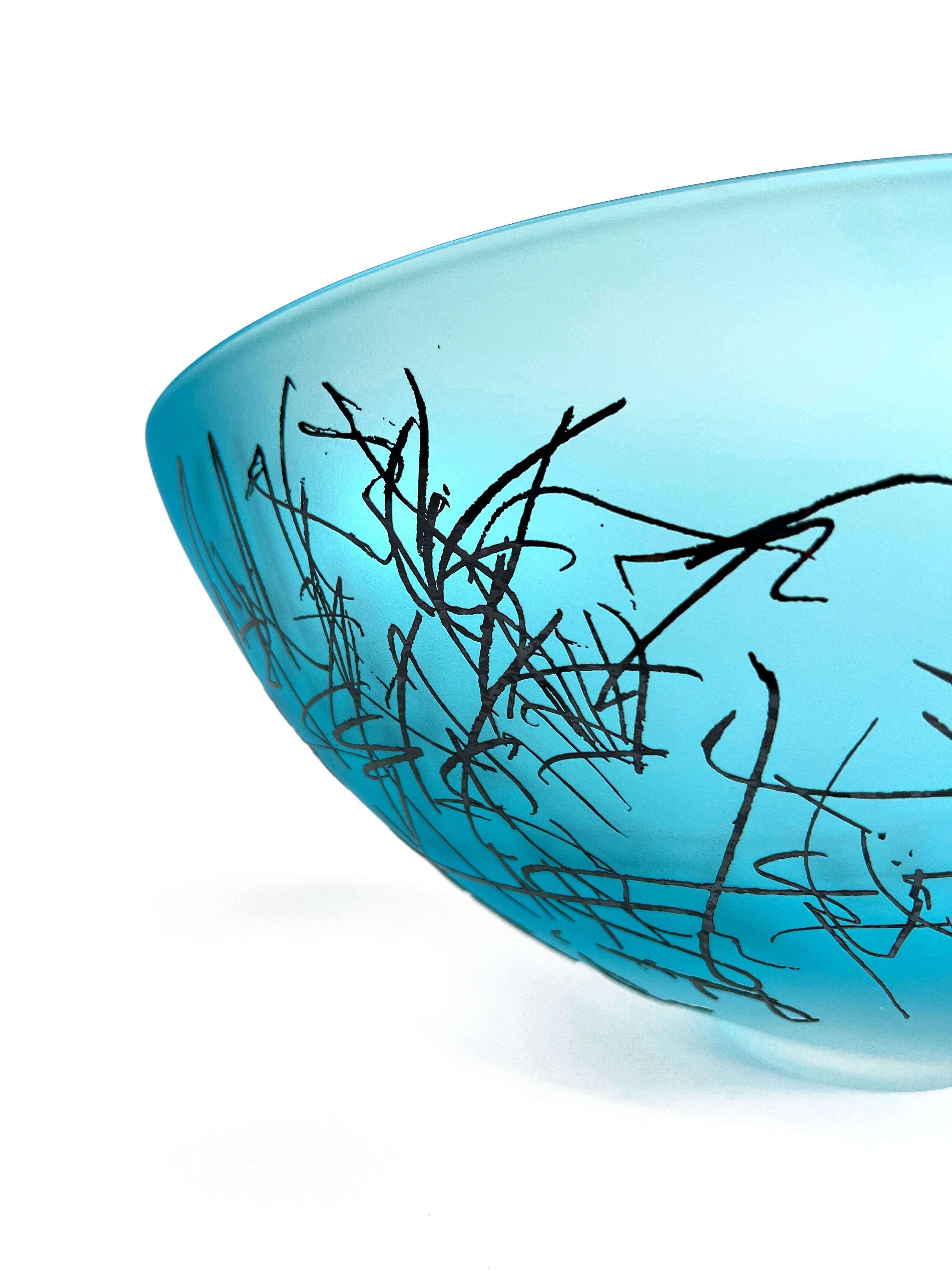 Handblown glass Copper Blue Scribe Bowl For Sale at 1stDibs