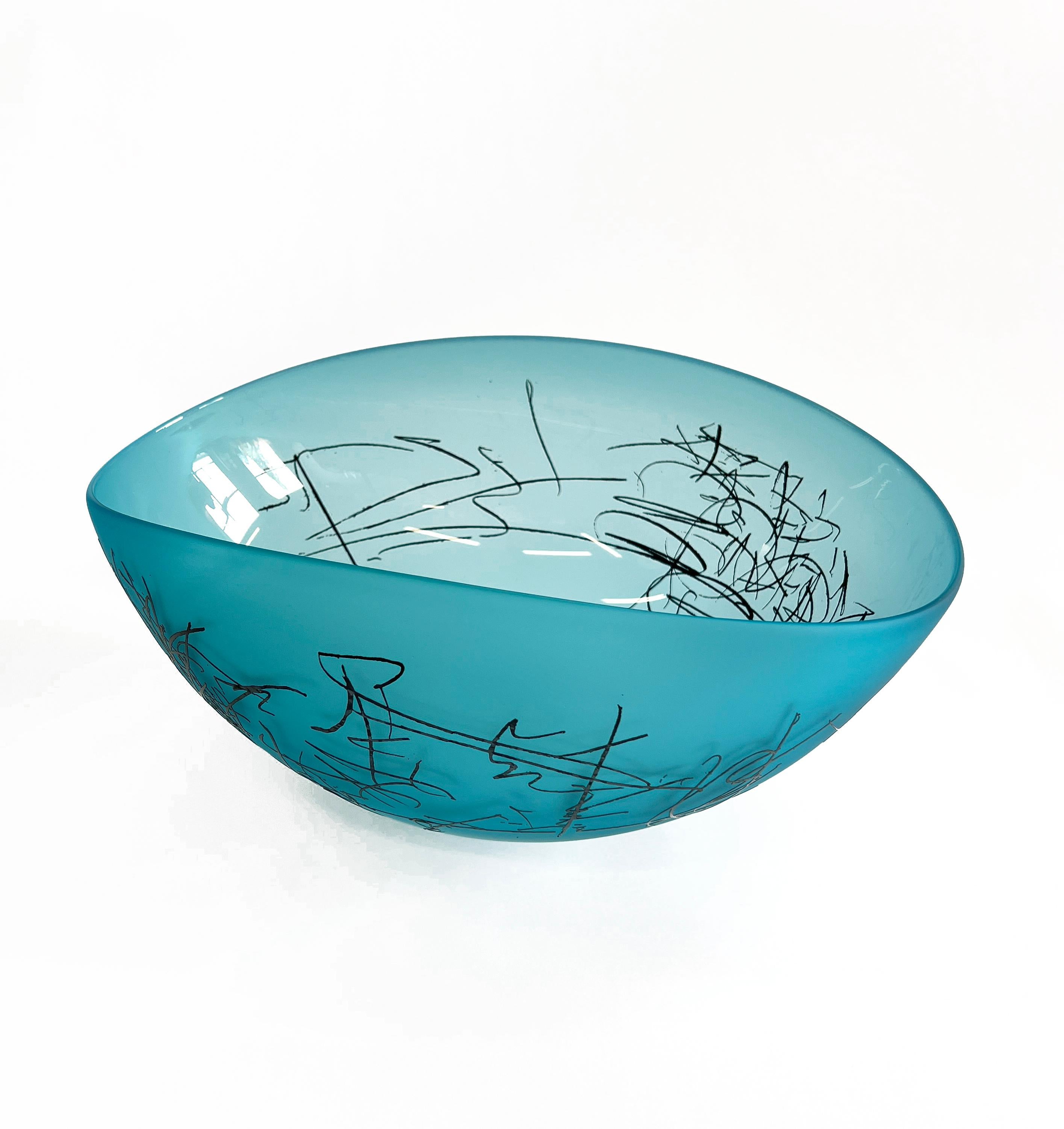 Handblown glass Copper Blue Scribe Bowl For Sale at 1stDibs