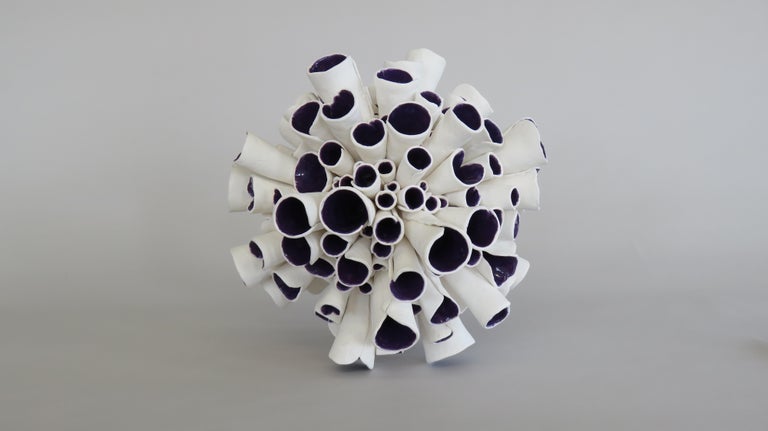 Ceramic Sculpture "Starburst" Sphere in Natural White With Blue/Gray ...