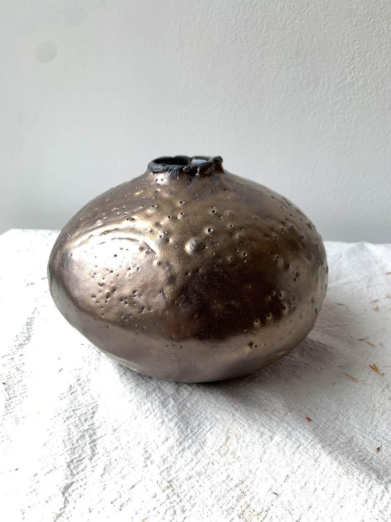 Handbuilt Organic Modern Ceramic Moon Vase with Metallic Bronze Glaze ...