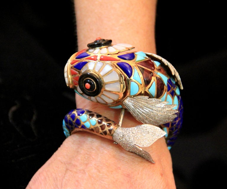 Handcraft 14 Karat Yellow and White Gold Fish Cuff Bracelet at 1stDibs