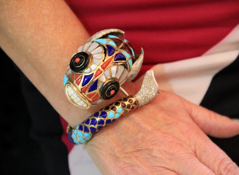 Handcraft 14 Karat Yellow and White Gold Fish Cuff Bracelet at 1stDibs