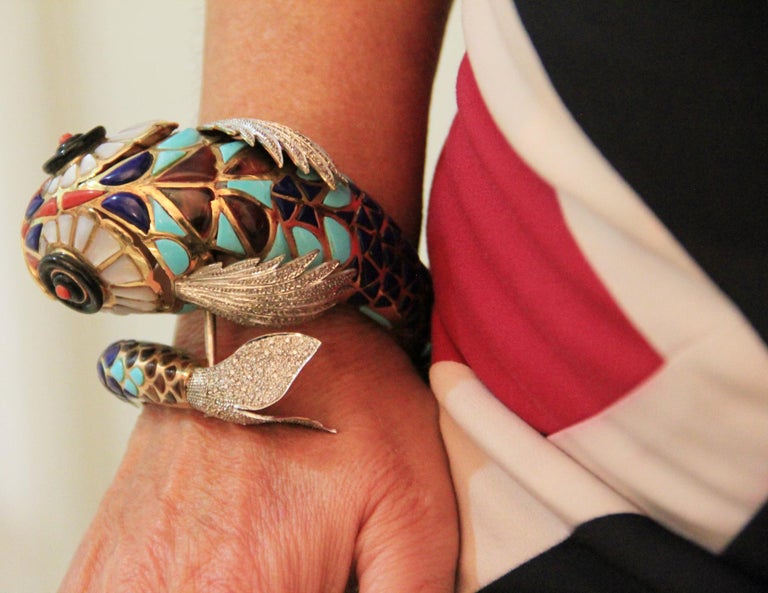 Handcraft 14 Karat Yellow and White Gold Fish Cuff Bracelet at 1stDibs