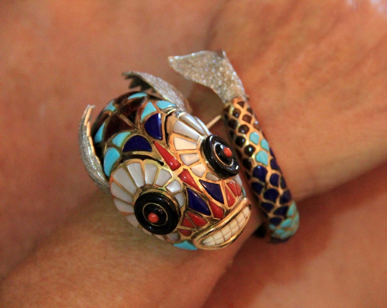 Handcraft 14 Karat Yellow and White Gold Fish Cuff Bracelet at 1stDibs