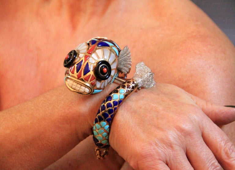 Handcraft 14 Karat Yellow and White Gold Fish Cuff Bracelet at 1stDibs