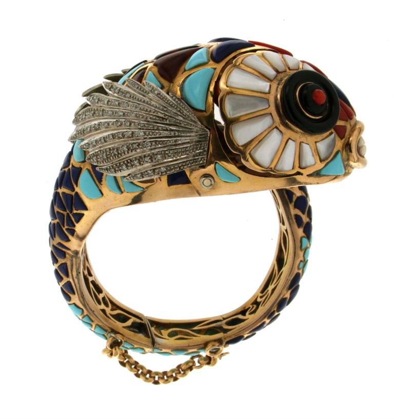 Handcraft 14 Karat Yellow and White Gold Fish Cuff Bracelet at 1stDibs