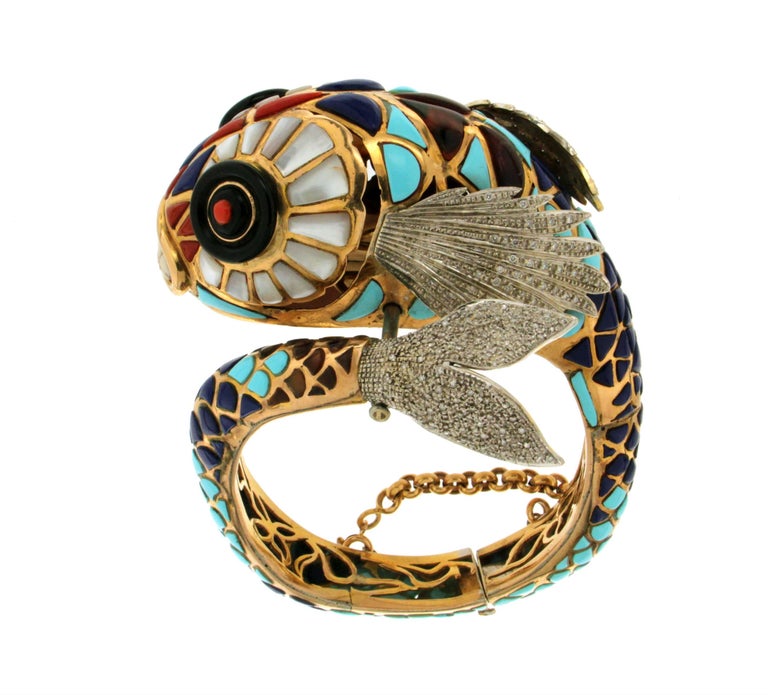 Handcraft 14 Karat Yellow and White Gold Fish Cuff Bracelet at 1stDibs