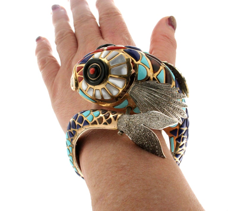 Handcraft 14 Karat Yellow and White Gold Fish Cuff Bracelet at 1stDibs