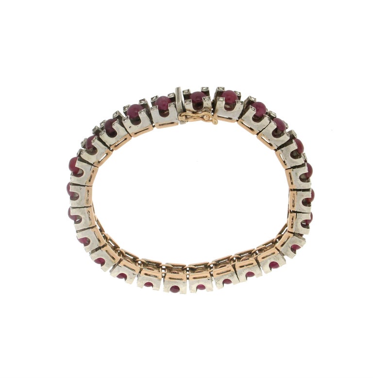 Handcraft 14 Karat Yellow Gold and Silver Diamonds Ruby Cuff Bracelet ...