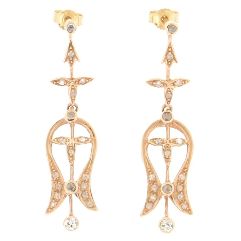 Handcraft 14 Karat Yellow Gold Diamonds Drop Earrings For Sale at 1stDibs