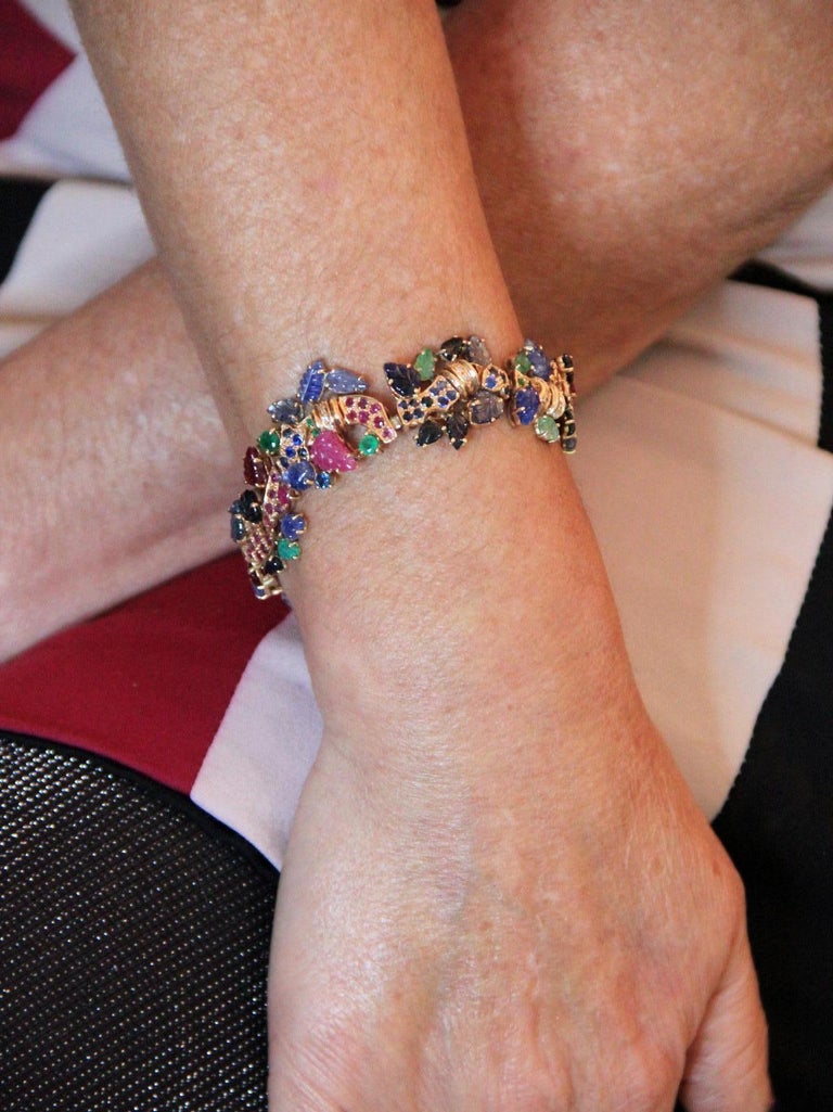 Handcraft 14 Karat Yellow Gold Diamonds Precious Stones Cuff Bracelet ...