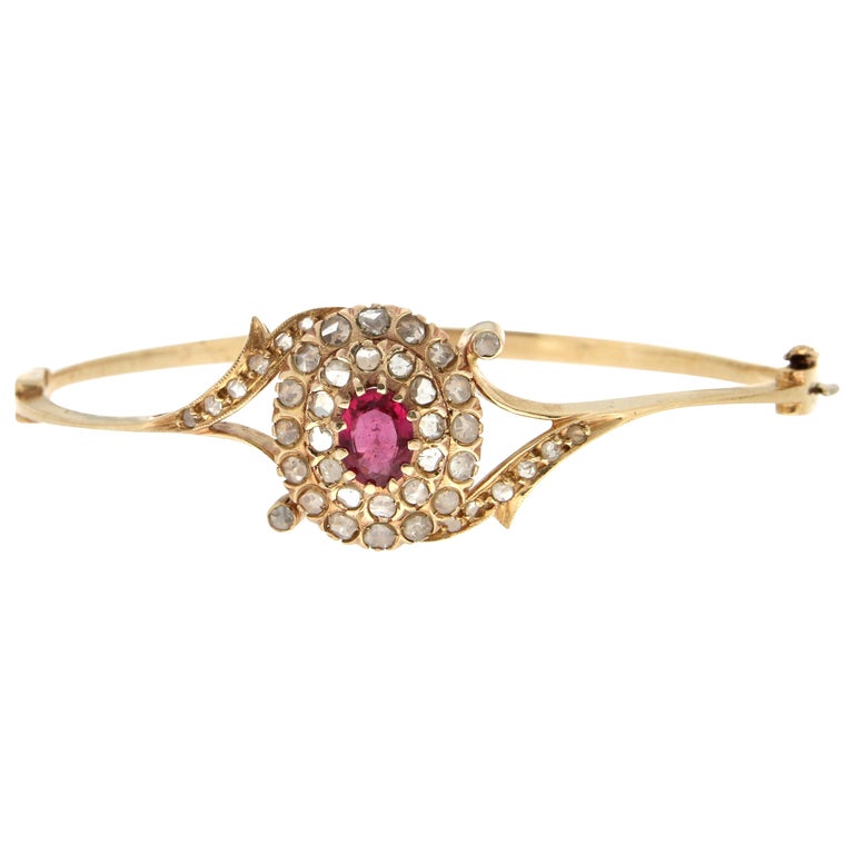 Handcraft 9 Karat Yellow Gold Diamonds Ruby Bangle Bracelet For Sale ...