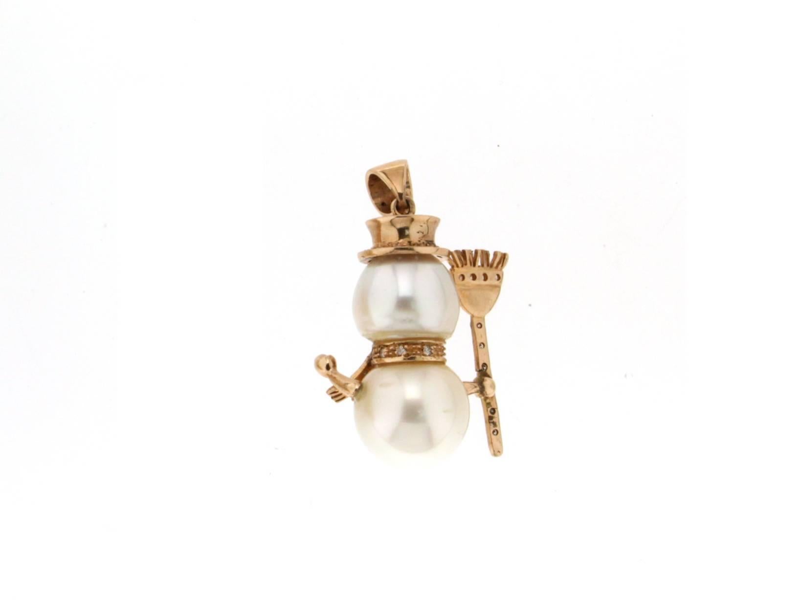 Handcraft Australian Pearl 9 Karat Yellow Gold Diamonds Snowman Pendant ...