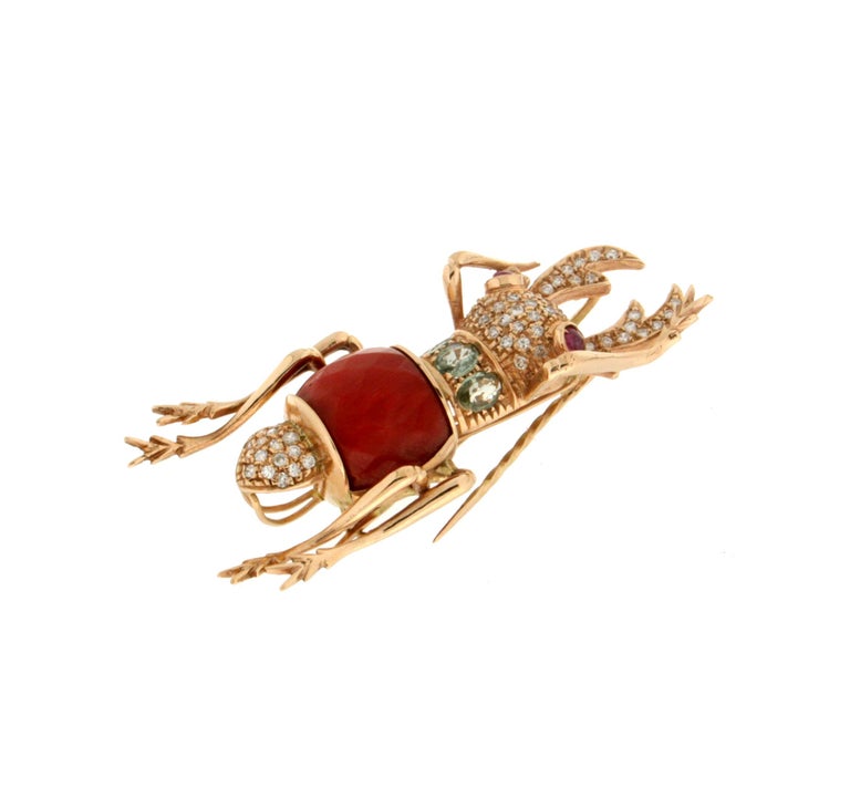 Handcraft Beetle 14 Karat Yellow Gold Coral Ruby Tourmaline Diamonds ...