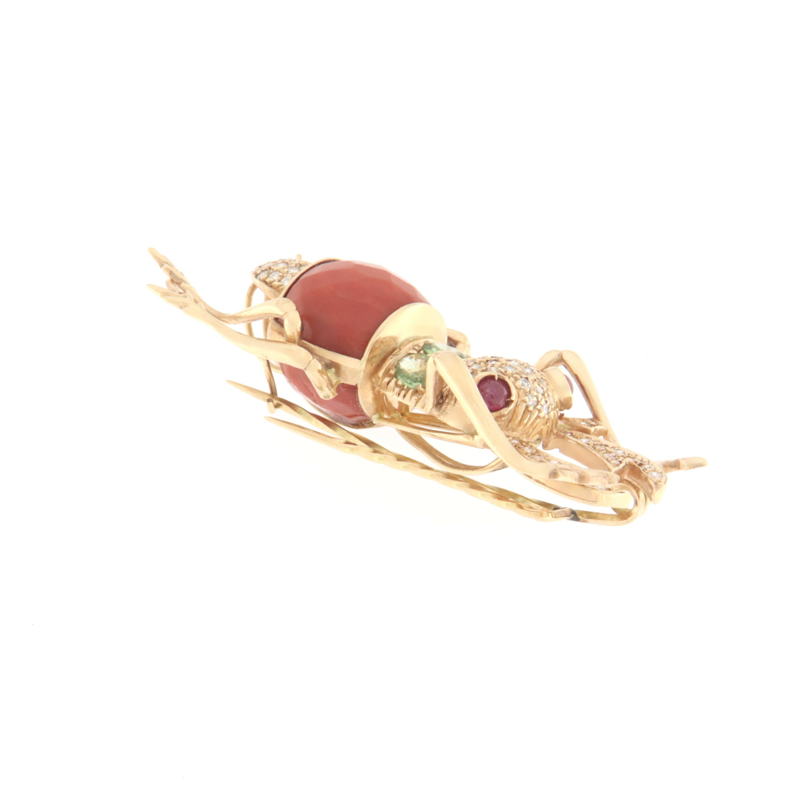 Handcraft Beetle 14 Karat Yellow Gold Coral Ruby Tourmaline Diamonds ...