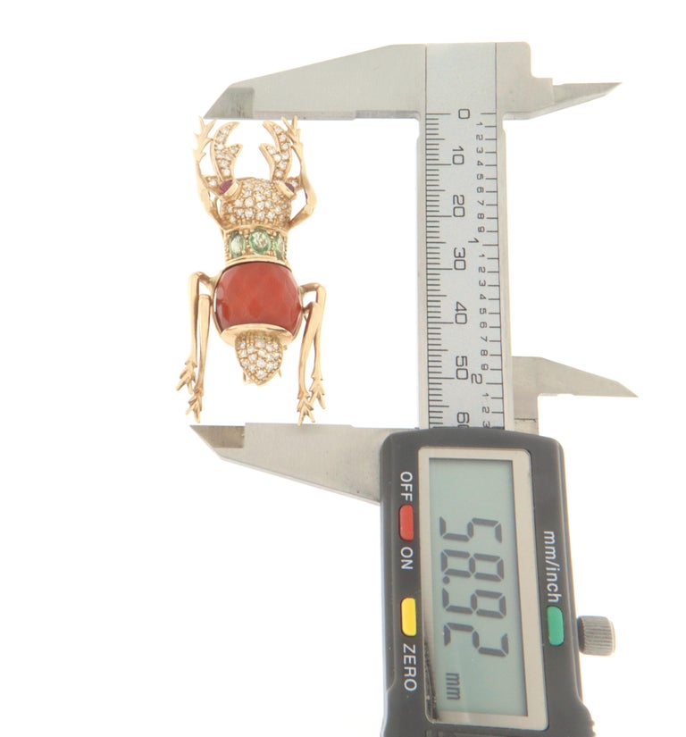 Handcraft Beetle 14 Karat Yellow Gold Coral Ruby Tourmaline Diamonds ...