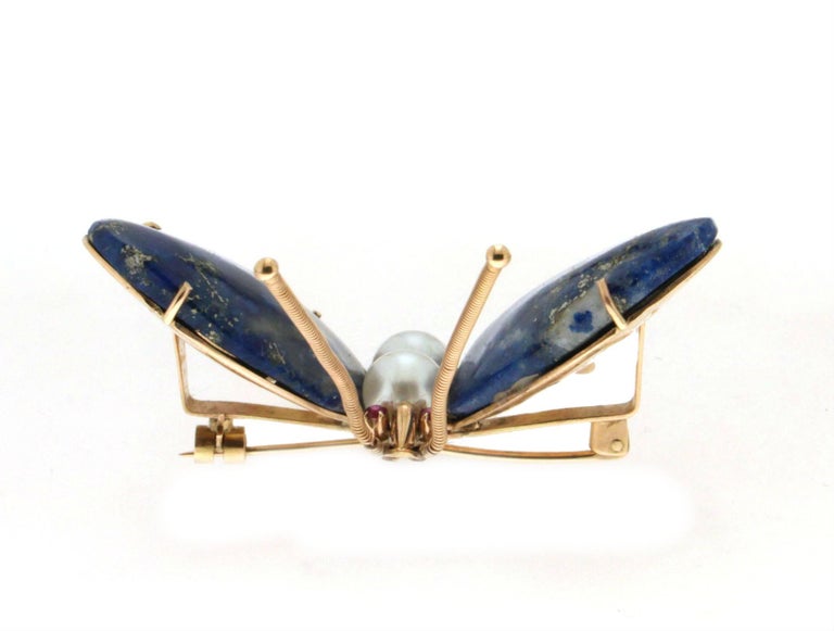 Handcraft Butterfly Lapis 14 Karat Yellow Gold Ruby Pearls Brooch For ...