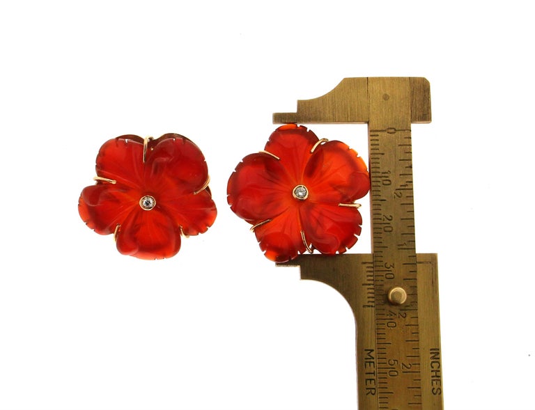 Handcraft Carnelian Flowers 14 Karat Yellow Gold Diamonds Stud Earrings ...