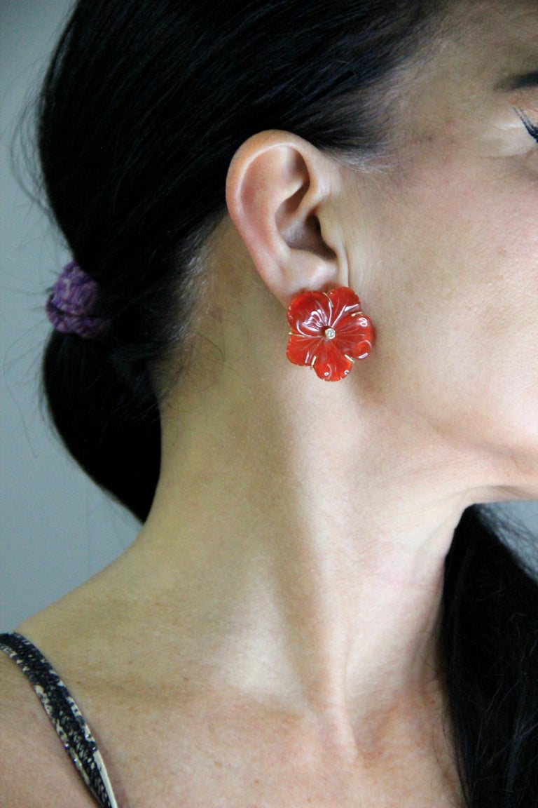 Handcraft Carnelian Flowers 14 Karat Yellow Gold Diamonds Stud Earrings ...