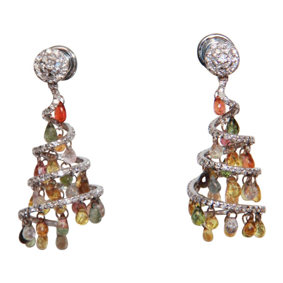 Handcraft 18 Karat White Gold Diamonds Tourmaline Sapphires Drop ...