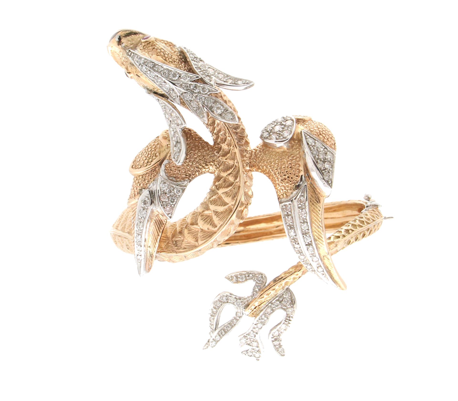 Handcraft Dragon 14 Karat Yellow and White Gold Diamonds Bangle ...
